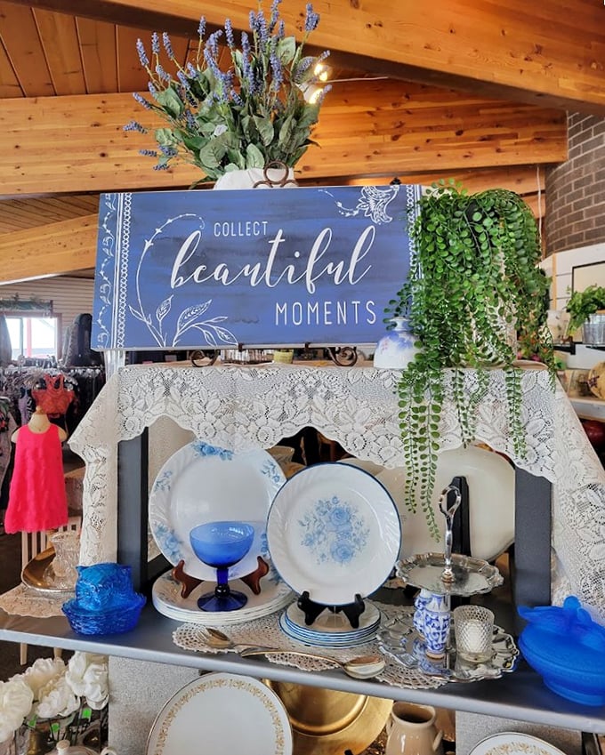 "Collect beautiful moments" indeed! This display could convince even minimalists that yes, they absolutely need that blue glass goblet in their lives.