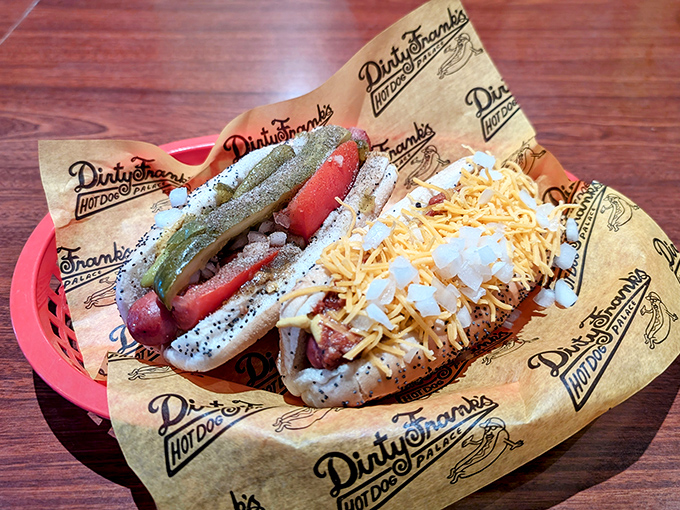 Two hot dogs, two different worlds of flavor. Like choosing between favorite children, except it's socially acceptable to devour these.