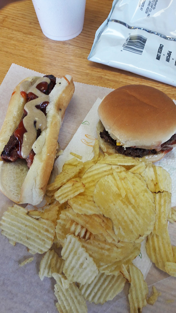 The hot dog and burger combo: America's dynamic duo, served on wax paper&mdash;the universal signal that something delicious is about to happen.