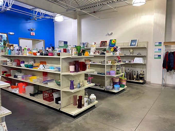 Glassware and knickknacks galore! One person's forgotten wedding gift becomes another's conversation piece. That blue vase is practically begging to hold your farmer's market flowers.