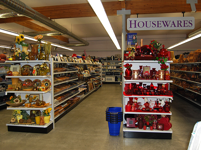 The housewares section organized by color creates an oddly satisfying rainbow effect. Red glassware gleams like rubies under the fluorescent lights.