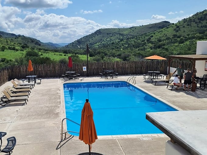Swimming with a view! This pool at Indian Lodge offers the rare chance to do the backstroke while gazing at mountains.