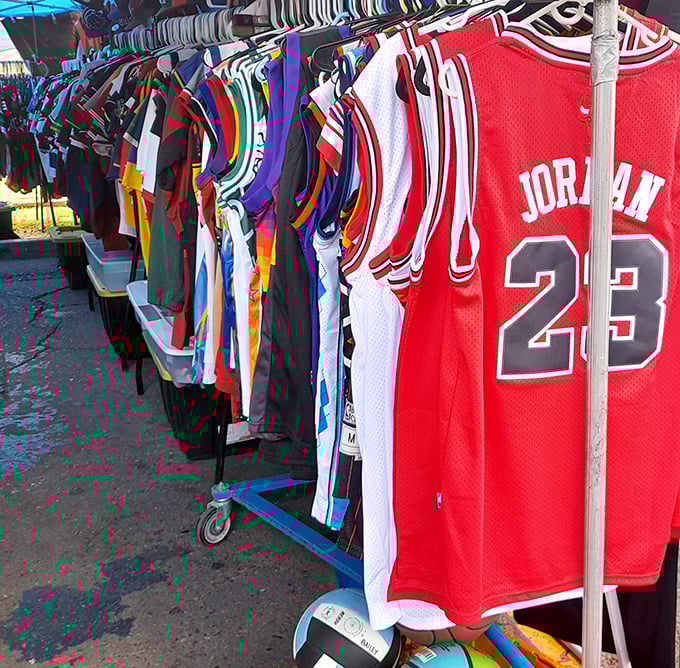 Sports fans rejoice! That vintage Jordan jersey you've been hunting might just be waiting for you between these colorful racks of athletic nostalgia.