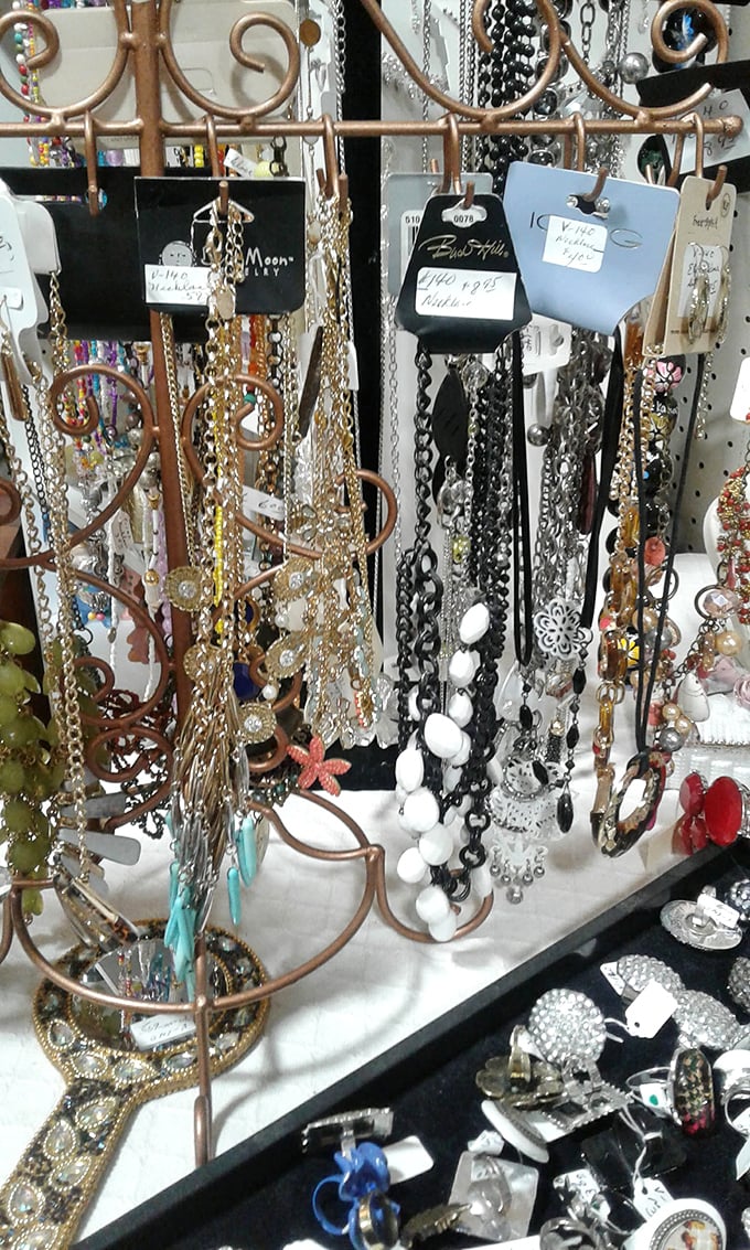 A glittering cascade of necklaces and baubles awaits new owners. Like fishing in a jewelry box, you never know what shimmering catch you'll reel in.