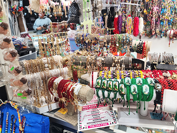 Jewelry displays that would make Mr. T weep with joy. Gold chains, religious medallions, and enough bling to make a rapper's music video jealous. 