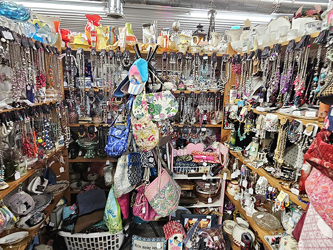 Necklaces cascading like a jewelry waterfall&mdash;because one person's costume collection is another person's fashion statement waiting to happen.