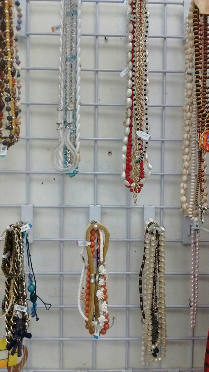 The jewelry display &ndash; a glittering testament to fashion eras gone by. That turquoise necklace? Pure 1970s magic waiting to be rediscovered.