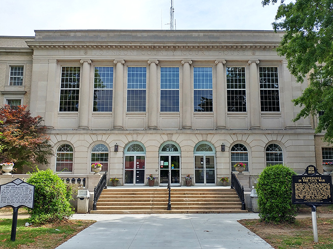 The Johnson County Courthouse stands proud, reminding everyone that civic buildings once had character and dignity.
