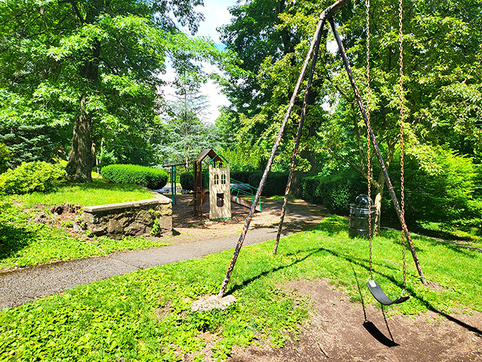 Kemmerer Park's swings and playground sit nestled among towering trees, a childhood paradise where time seems to slow down just a little.