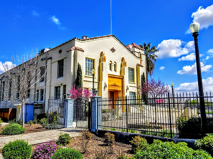 The Kern County Museum's Spanish Colonial architecture blooms alongside spring flowers, a reminder of California's rich cultural tapestry.