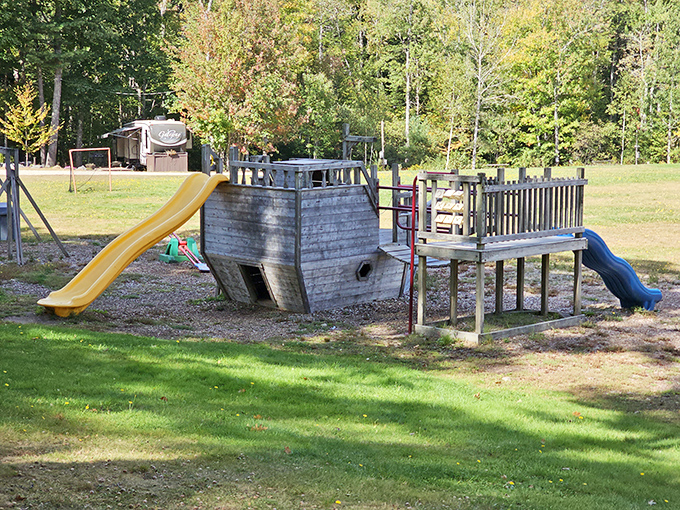 Childhood reimagined &ndash; this boat-shaped playground proves Damariscotta knows the best adventures start with a little imagination and a slide.