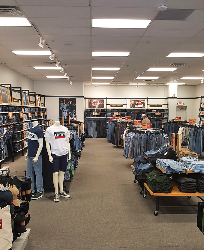 Levi's paradise where denim dreams come true. Find your perfect pair among the sea of blues, with mannequins modeling what your backside could look like with the right fit.