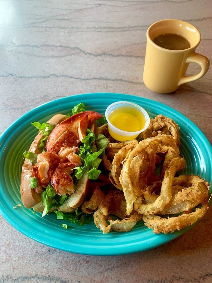 A lobster roll that proves New Hampshire knows its seafood, paired with onion rings that achieve that perfect crisp-to-tender ratio.