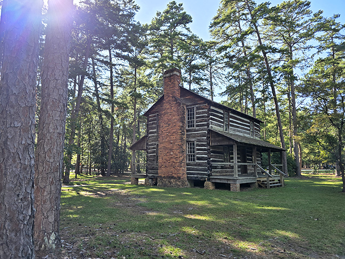 This historic log cabin whispers stories of earlier times, standing proudly among pines that have witnessed generations of visitors.