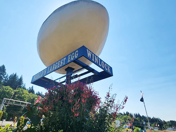Looking up at the World's Largest Egg is like witnessing a cloud that decided to settle down and start paying property taxes in Winlock.