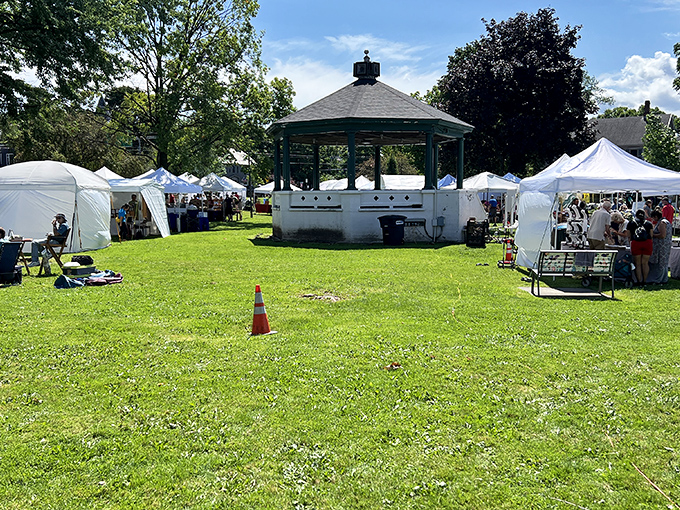 Main Street Park's gazebo hosts the farmers market, where retirement means having Tuesday mornings free for fresh produce and neighborhood gossip.