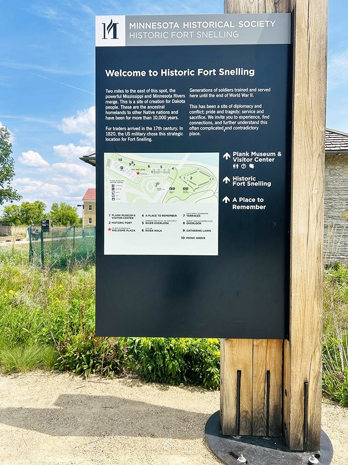 History buffs, rejoice! This informative sign at Historic Fort Snelling reveals the complex stories that have unfolded at this strategic river junction for millennia.