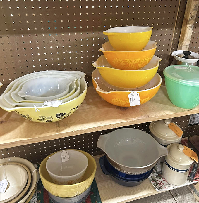 Pyrex bowls in their natural habitat&mdash;stacked and ready for adoption. These kitchen workhorses have survived longer than most marriages.