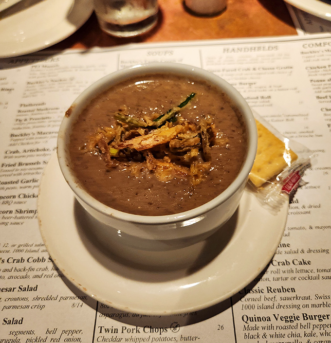 A bowl of mushroom soup that's worth the drive alone&mdash;rich, earthy, and topped with crispy garnish that adds the perfect textural contrast.