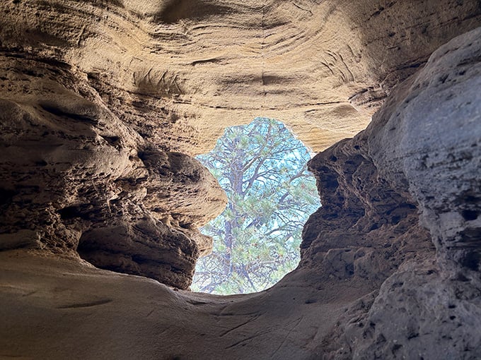 Peering through this sandstone window feels like glimpsing another dimension, framed by millions of years of geological artistry.