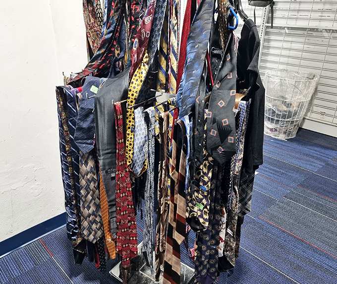 Neckties hanging like silk soldiers, ready to report for duty at weddings, job interviews, or impromptu Mad Men cosplay.