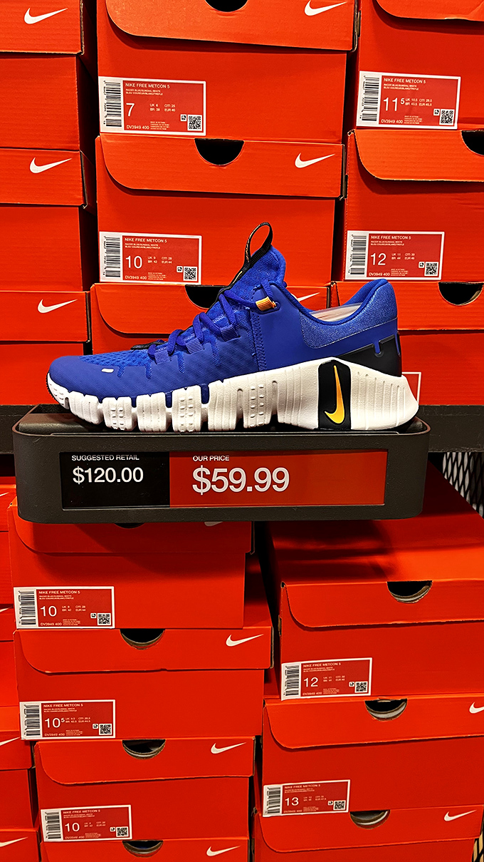 Blue Nike trainers surrounded by their orange-boxed brethren &ndash; half the retail price, twice the smugness when someone compliments your footwear.