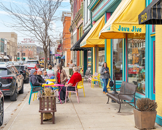 Java Jive's colorful sidewalk seating invites locals to perform the sacred ritual of morning coffee while watching Hannibal slowly wake up.