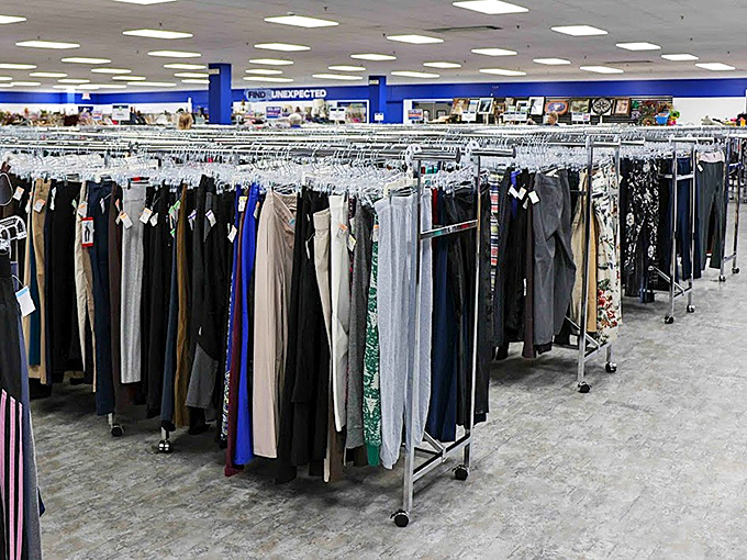 The pants section stands at attention like soldiers awaiting inspection. Each hanger holds a story&mdash;and possibly your next favorite pair.