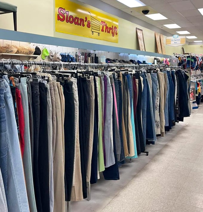 The denim department where every shade and style waits patiently, knowing someone's perfect fit is just one try-on session away.