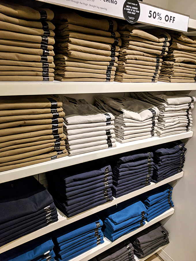 Perfectly folded khakis and jeans create a retail rainbow of possibilities, each stack promising the elusive combination of style and comfort.
