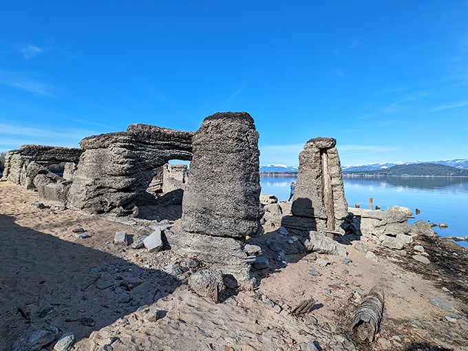 These mysterious stone ruins along the shoreline tell stories of Sandpoint's past, standing like sentinels against the backdrop of the glassy lake.