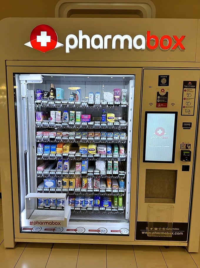 The Pharmabox—when you need aspirin after realizing how much you've spent. Modern convenience for the shopper who came prepared for everything except a headache.