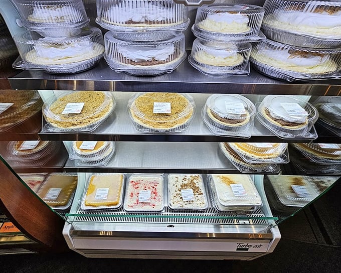 Pie paradise awaits behind glass, where calories don't count and "I'll just have a sliver" becomes the day's biggest fib.