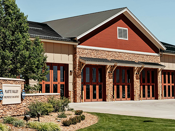 The Platte Valley Fire Protection District stands ready to serve, its stone and timber design blending modern functionality with mountain-inspired aesthetics.