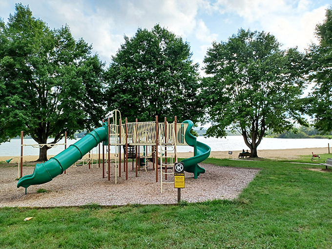 Childhood joy meets lakeside splendor at this playground where kids burn energy while parents soak in those million-dollar mountain views.