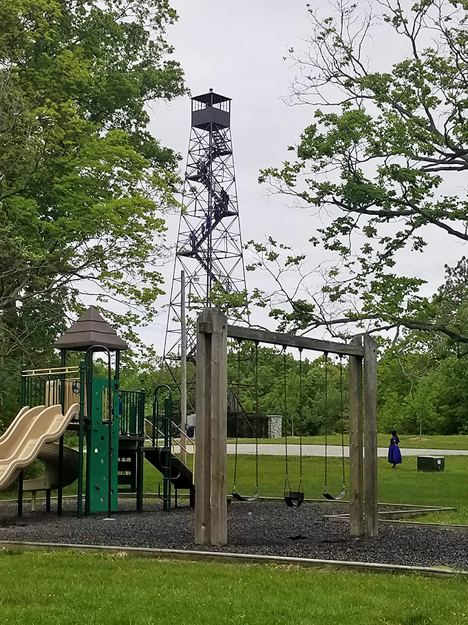 Where childhood meets adventure: a playground nestled beneath a fire tower that's seen more Indiana sunsets than most of us have had hot dinners.