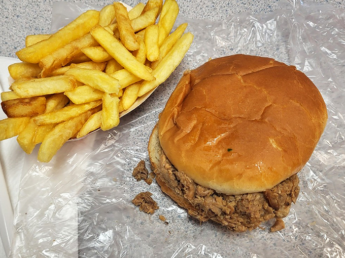 The barbecue sandwich and fries arrive without pretension, a testament to the philosophy that when something's done right, fancy plating just gets in the way.