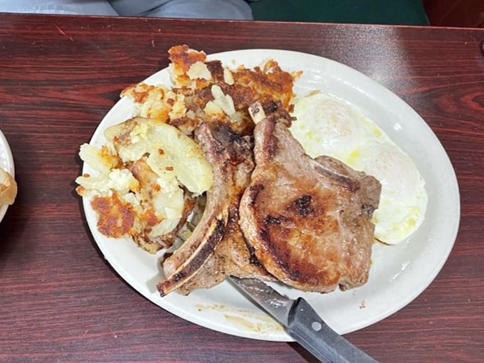 Pork chops that would make even vegetarians pause for reflection. Served with home fries that could start their own fan club.