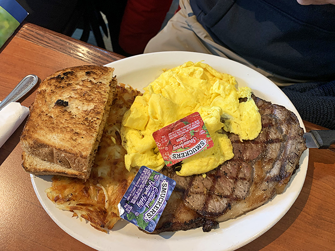 This isn't just steak and eggs; it's a monument to morning indulgence that would make even committed vegans pause for a moment of respectful silence.