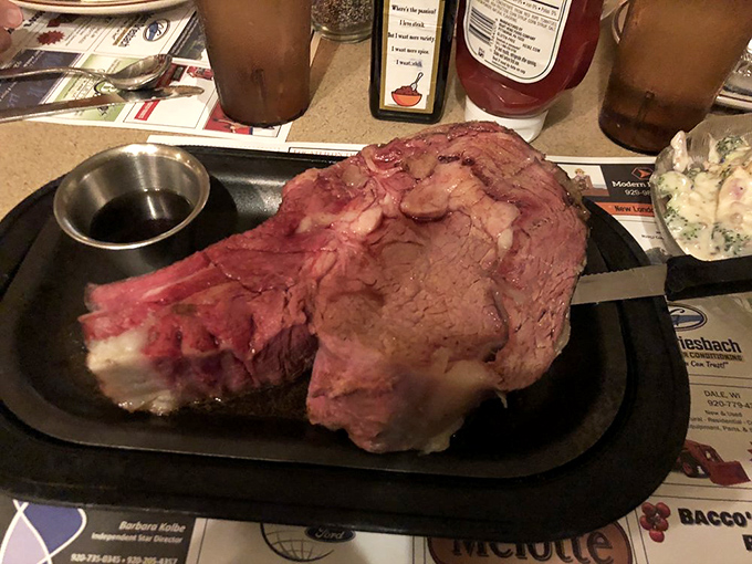 The star of the show arrives: prime rib so perfectly pink it could make a vegetarian weep with temptation.