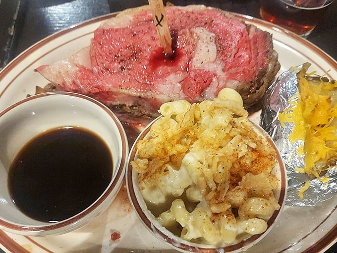 Prime rib that's practically blushing with perfection, accompanied by mac and cheese that could make a grown adult weep with joy.