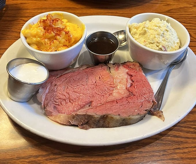 Prime rib that's pinker than a Texas sunset, flanked by mac and cheese that would make your grandmother question her recipe.