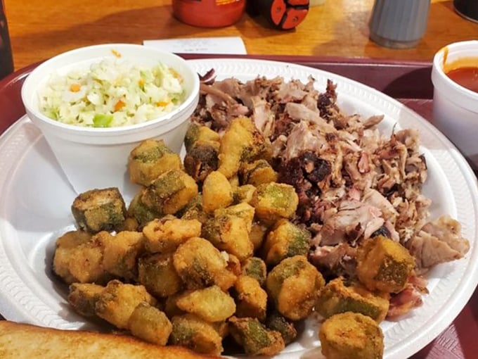 Pulled pork, fried okra, and slaw&mdash;the holy trinity of Southern comfort that makes even the most dignified diners consider licking the plate when nobody's watching.
