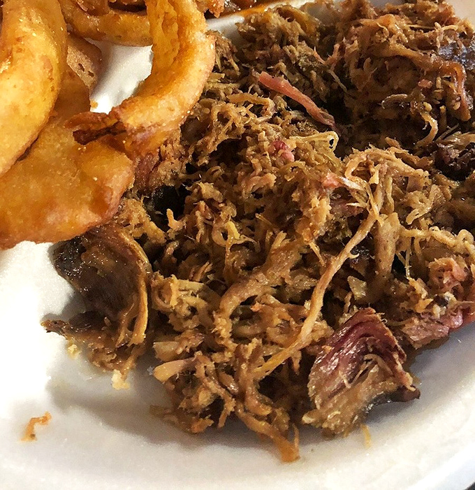 Pulled pork so tender it looks like it was teased apart by angels, served alongside golden onion rings that provide the perfect textural contrast.