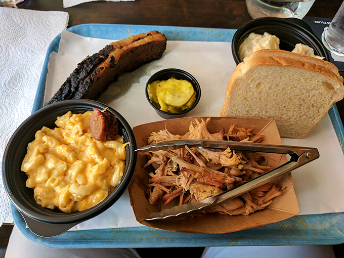 The pulled pork arrives with mac and cheese so golden it deserves its own currency, while that rib teases you from the corner of the tray.