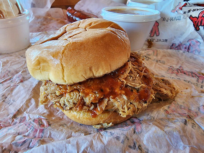 The pulled pork sandwich doesn't need fancy plating &ndash; just a soft bun, tender meat, and sauce that makes you question all other condiments.