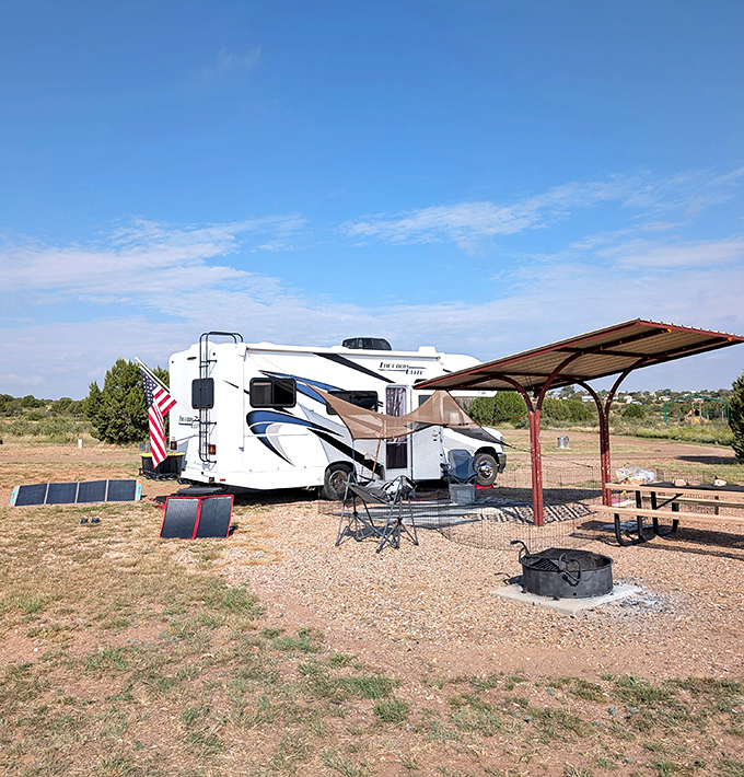 Home is where you park it, especially when your front yard looks like this New Mexico masterpiece.