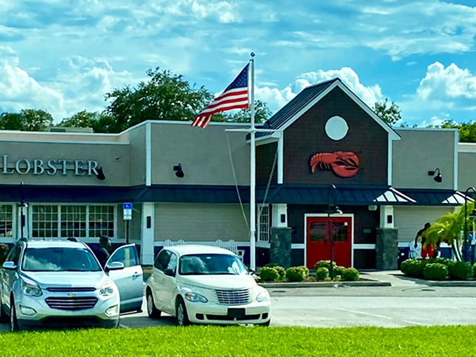 Red Lobster's nautical-themed exterior promises seafood treasures within&mdash;proof that even chain restaurants can feel like local institutions in a town that appreciates simple pleasures.