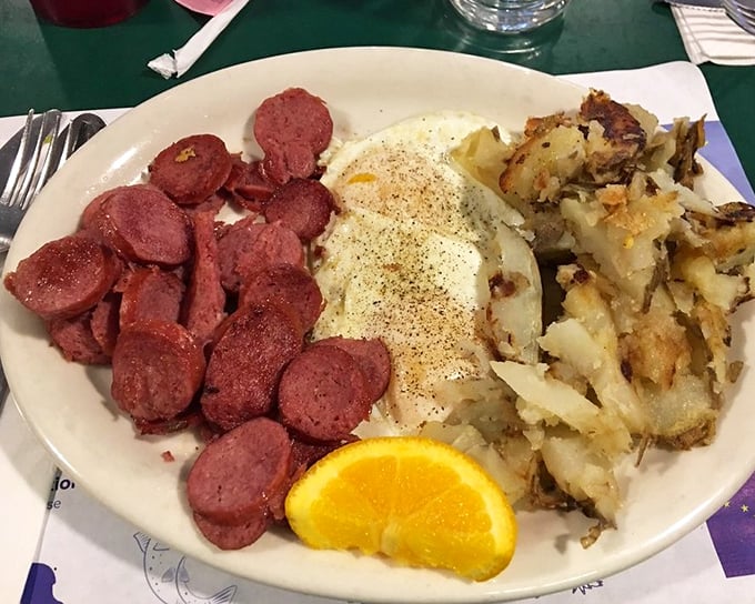 Reindeer sausage: proof that Santa's helpers taste better than they pull sleighs. Paired with eggs and potatoes, it's Alaska on a plate.