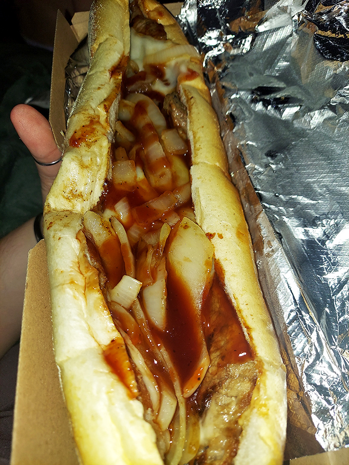 This sandwich doesn't just speak to you—it serenades with tender meat, caramelized onions, and sauce that demands to be savored, not rushed.